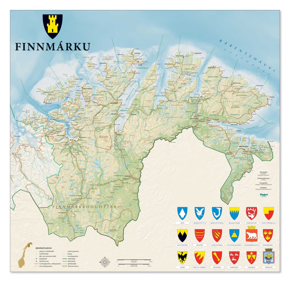 Finnmark (nord-samisk utgave) - Fylkeskart - Finekart