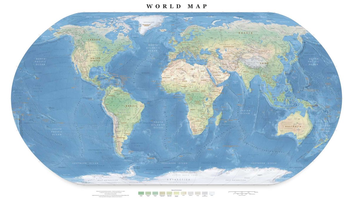 Topografisk Verdenskart med landregrenser - Patterson Verdenskart - Finekart